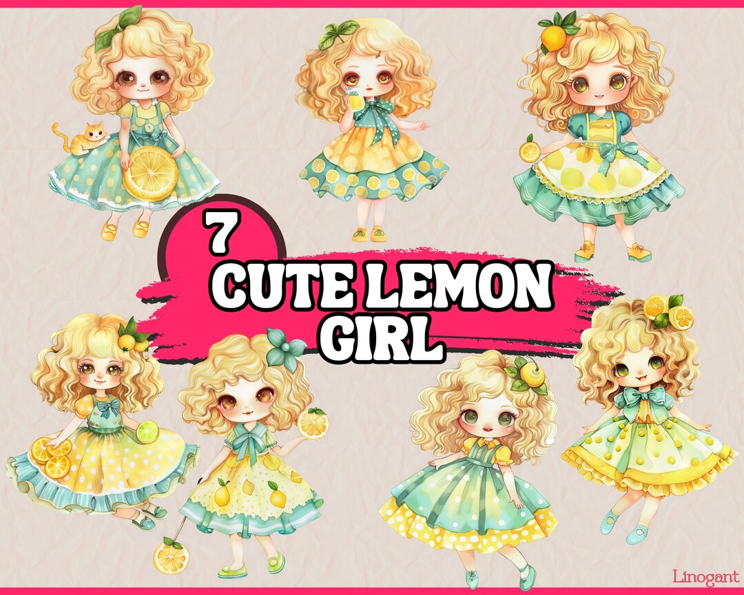 Watercolor Cute Lemon Girl Clipart Bundle, Kawaii Summer Decor Clip Art ...
