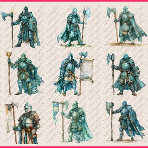 36 PNG Watercolor Medieval Knights With Axe, Teal Clipart Bundle ...