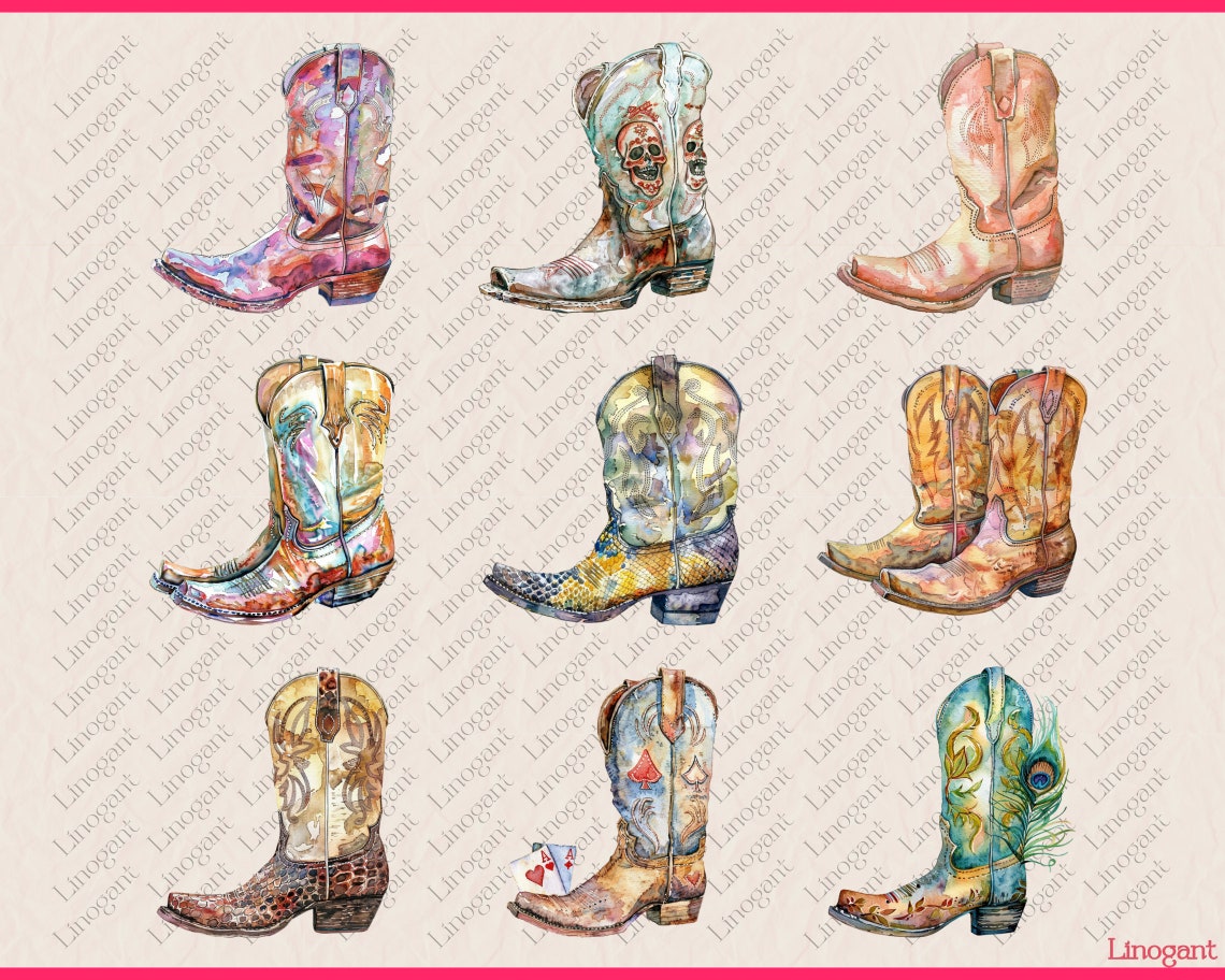 Watercolor Western Cowboy Boot Clipart Bundle, Cowgirl Shoe Clip Art ...