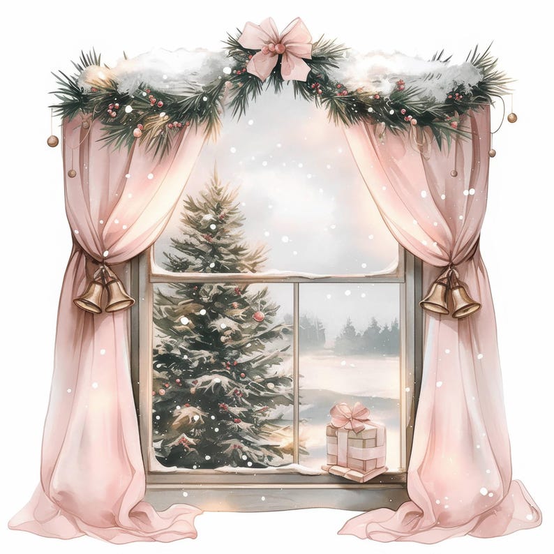 10 Festive Window Clipart Bundle, Cozy Winter Tree Scenery Design ...