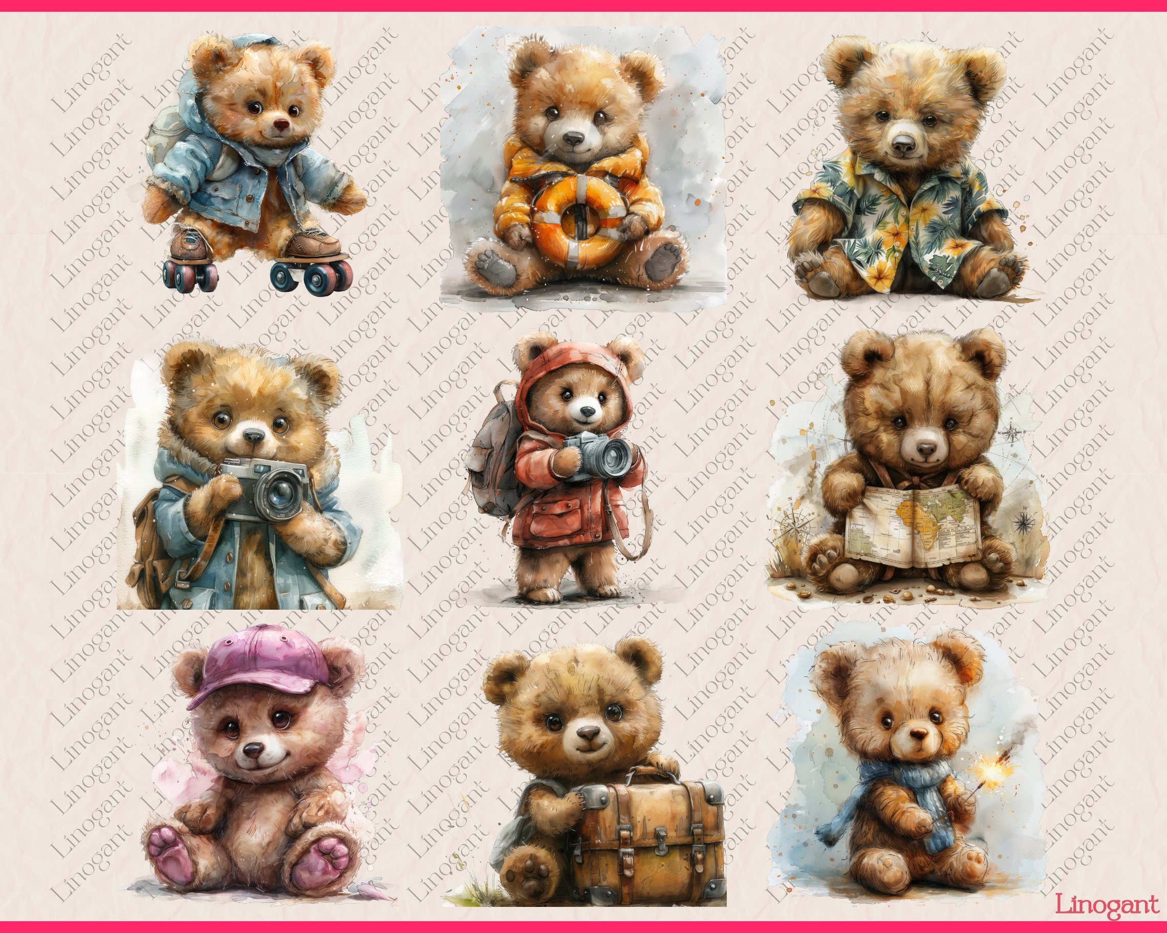 Watercolor Summer Teddy Bear Clipart Bundle, Summer Baby Bear Clip Art ...
