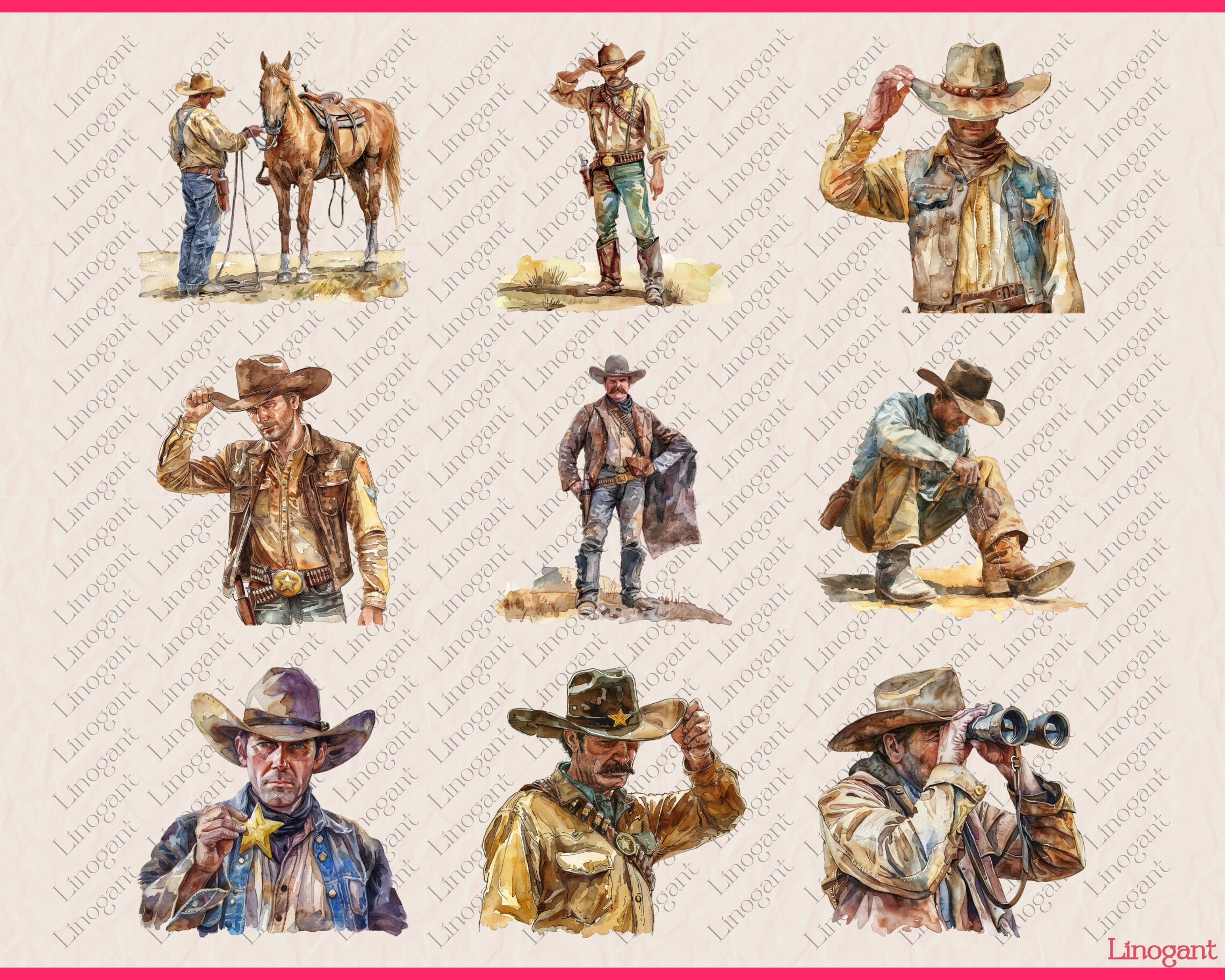 Watercolor Western Sheriff Clipart Bundle, Sheriff Riding Horse Clip ...