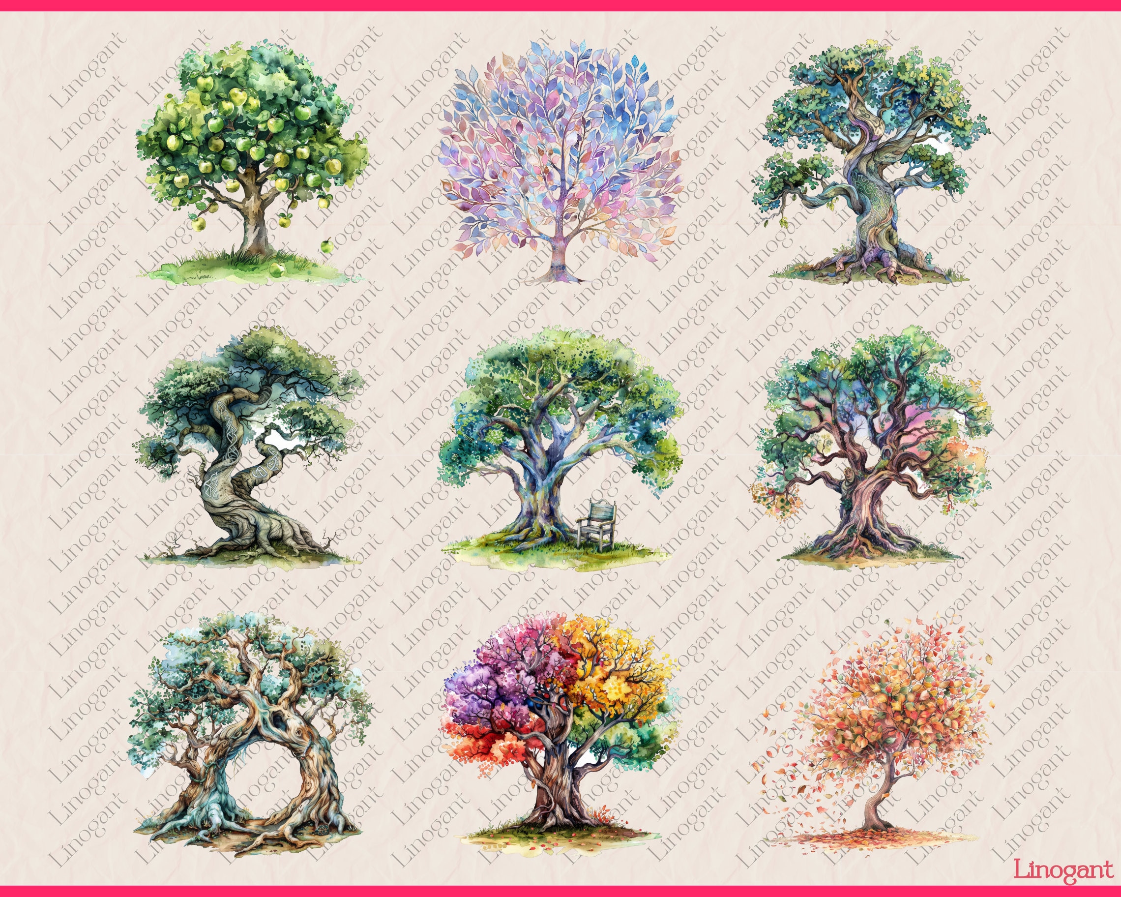 Watercolor Magical Tree Clipart Bundle, Enchanted Plants Clip Art Set ...