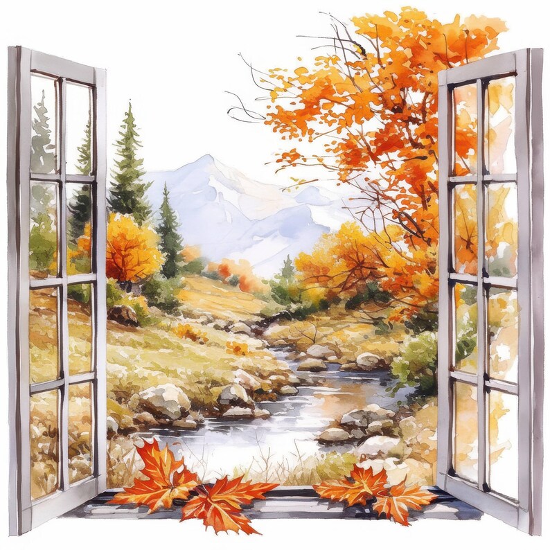 18 Window Autumn View Clipart Bundle, Cozy Fall Scenery Illustration ...