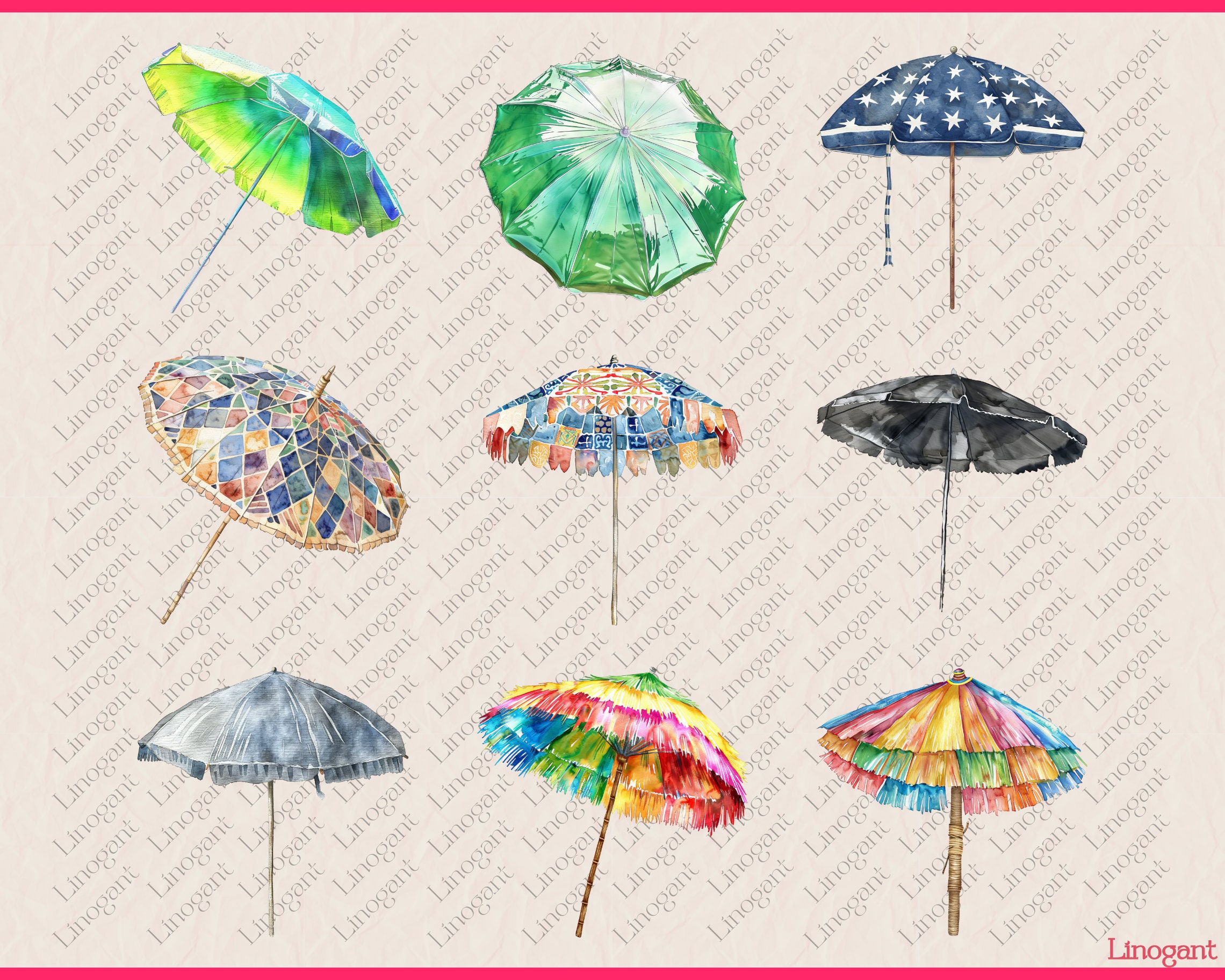 Watercolor Beach Umbrella Clipart Bundle, Sea Side Trip Clip Art Set ...