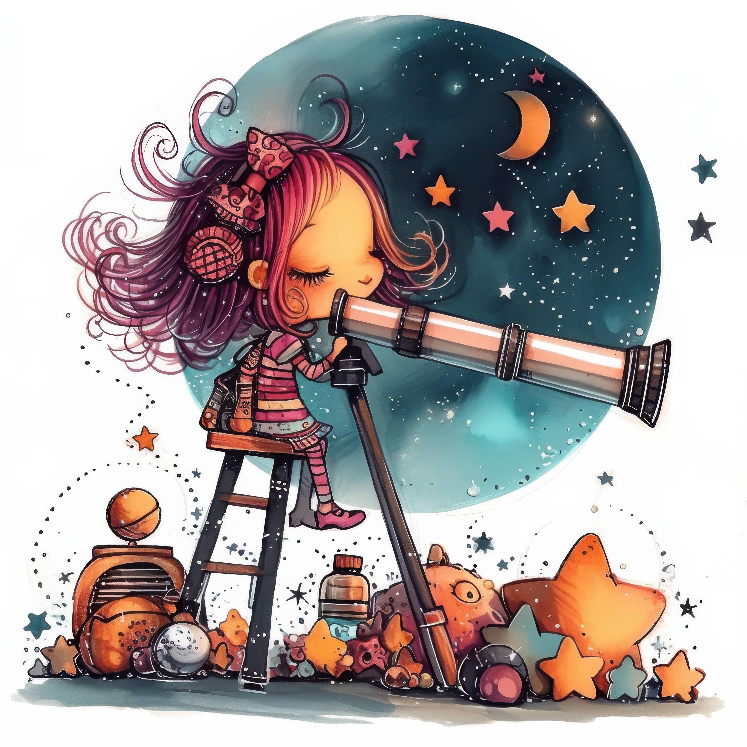 Whimsical Stargazer Girl Clip Art 10 High Res Watercolor Jpgs for Junk ...