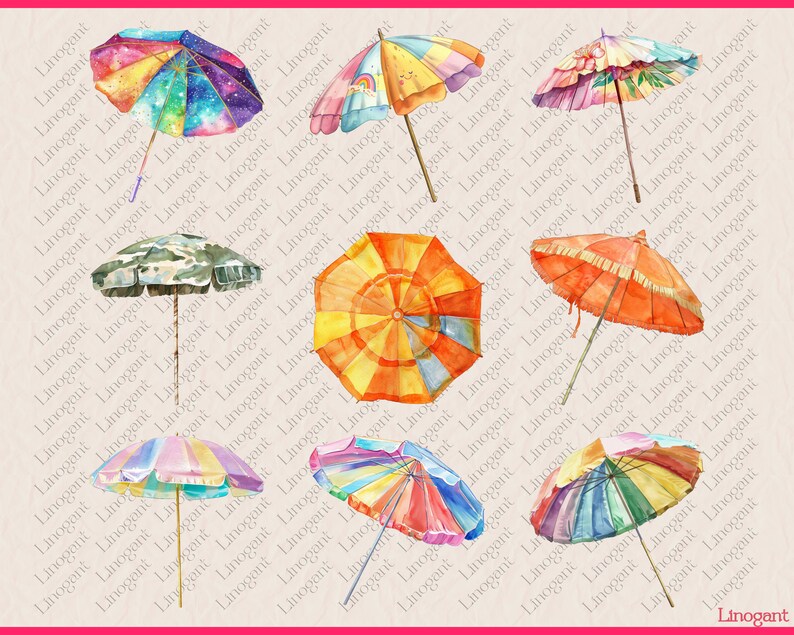 Watercolor Beach Umbrella Clipart Bundle, Sea Side Trip Clip Art Set ...