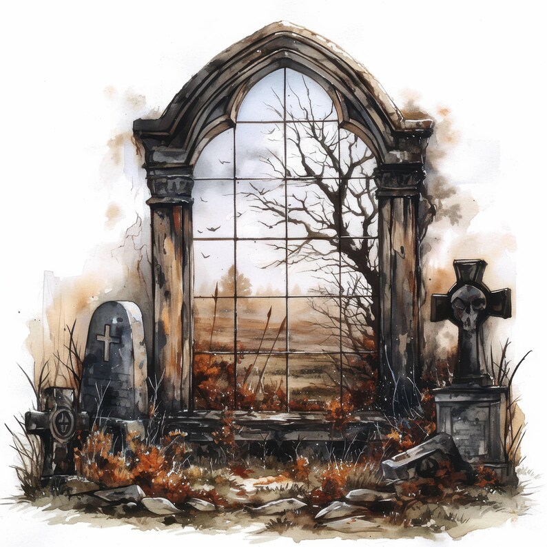 11 Cemetery Window Clipart Bundle, Spooky View Scene Illustration ...