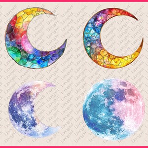 Watercolor 25 PNG Mystical Moon Clipart Bundle, Whimsical Lunar Clip ...