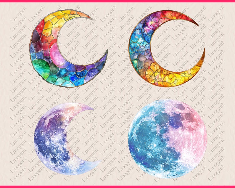Watercolor 25 PNG Mystical Moon Clipart Bundle, Whimsical Lunar Clip ...