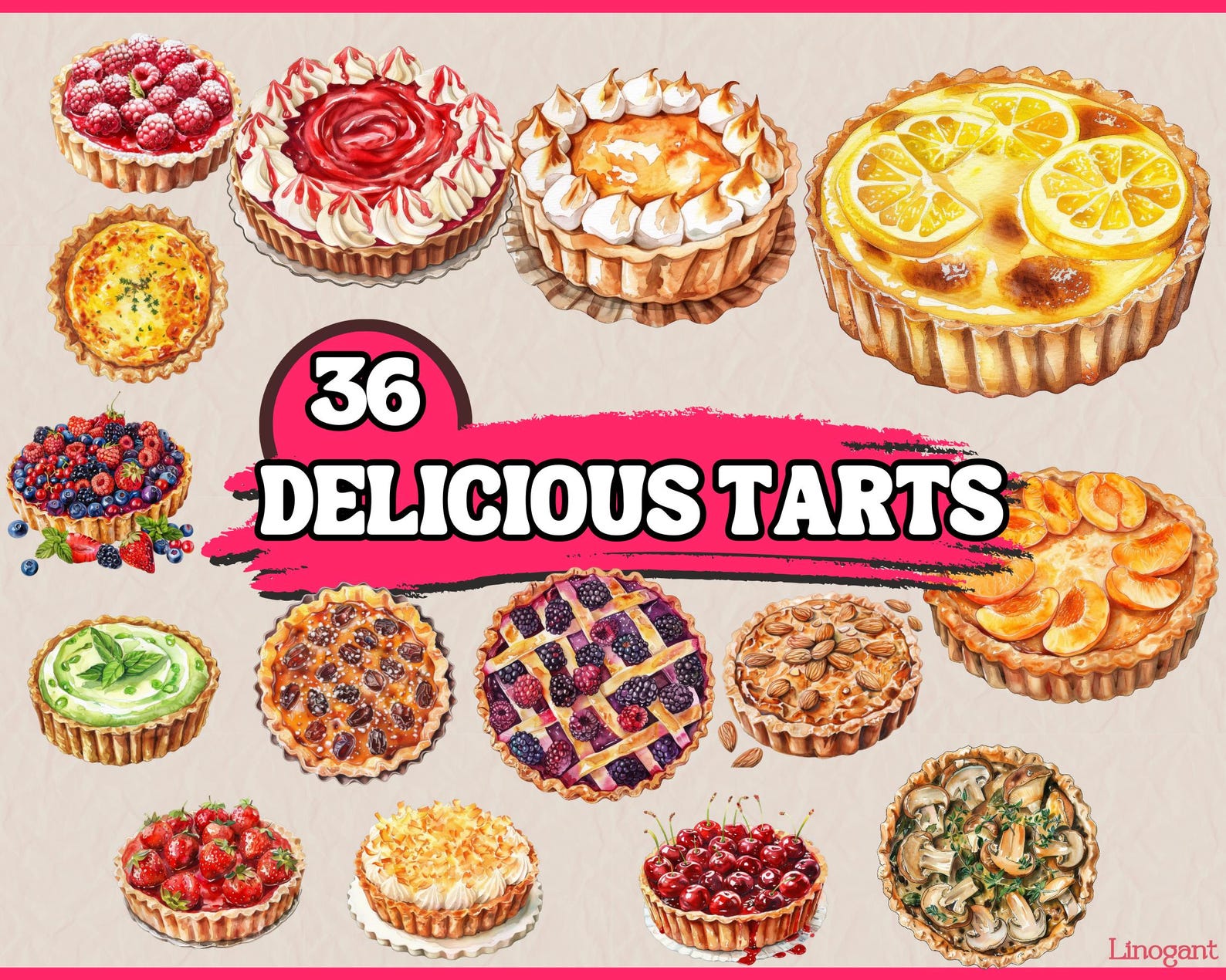 36 Delicious Tarts Clipart | Bake Tart With Nuts, Whipped Cream, Jam ...