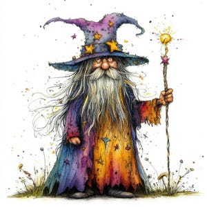 Quirky Starry Wizard Clip Art 14 High Res Watercolor Jpgs for Junk ...