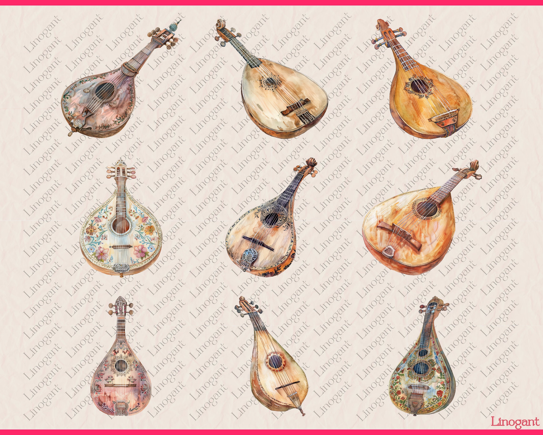 Watercolor Lute Clipart Bundle, String Musical Instruments Clip Art Set ...