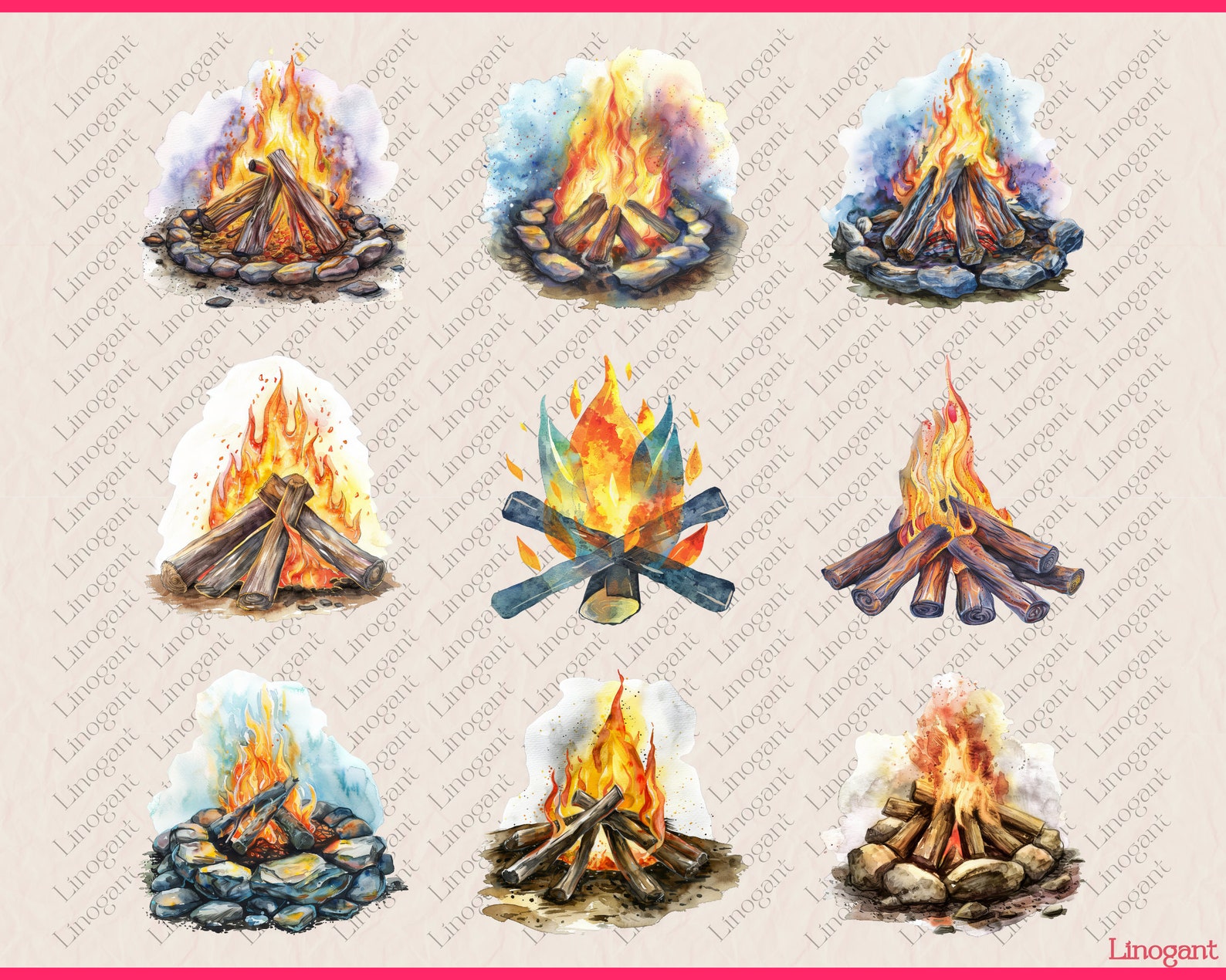 Watercolor Campfire Clipart Bundle, Camp Gear Clip Art Set, Camp Fire ...