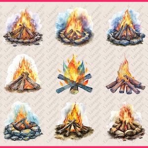 Watercolor Campfire Clipart Bundle, Camp Gear Clip Art Set, Camp Fire ...