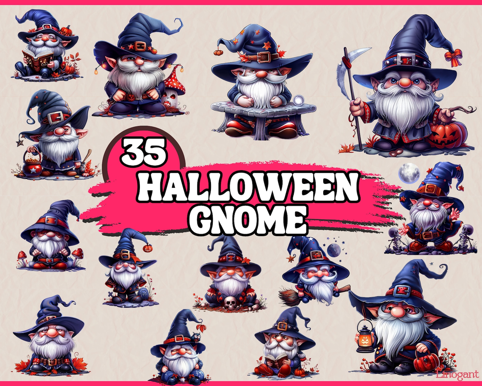 Cute Halloween Gnome Clipart, Spooky Clipart With Bats, Pumpkins and ...