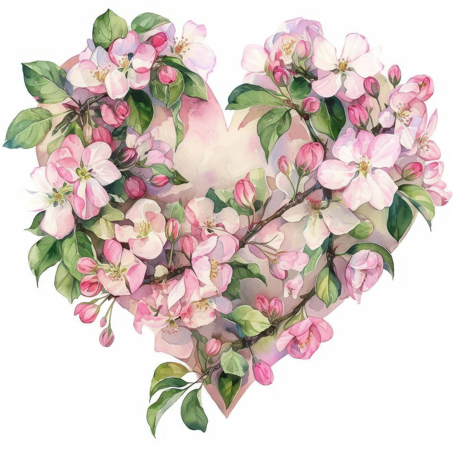 12 Blush Heart Floral Watercolor Clipart, Pink Romantic Design ...