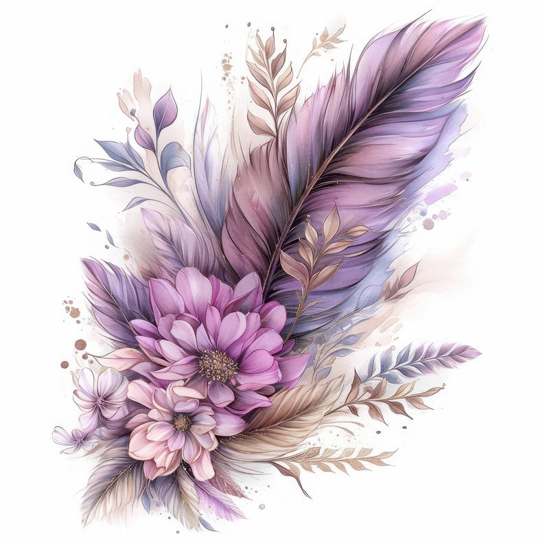 16 Floral Feather Clipart Bundle, Boho Elegance Illustration, Printable ...