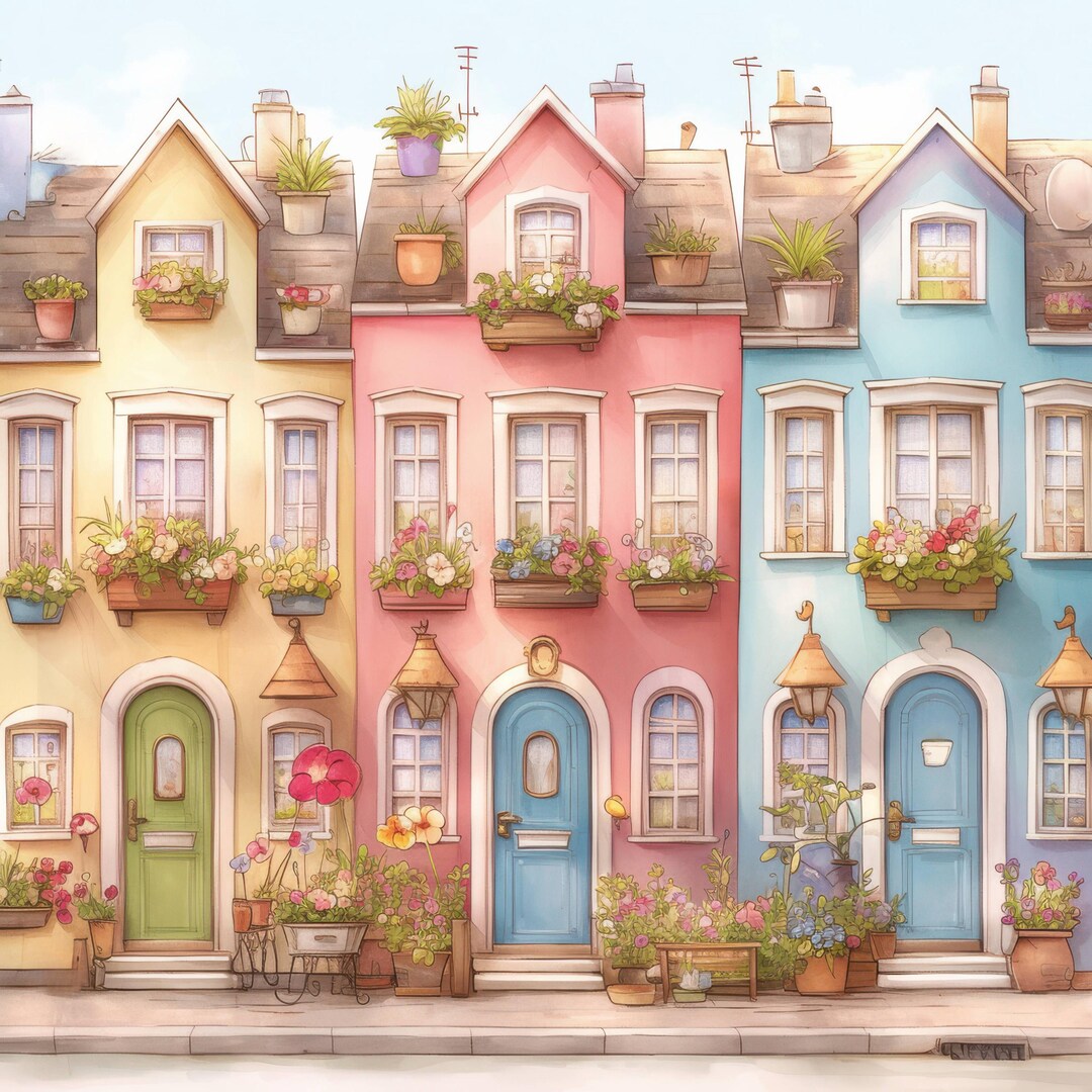12 Whimsical Row Houses Clipart Bundle, Building Illustration ...