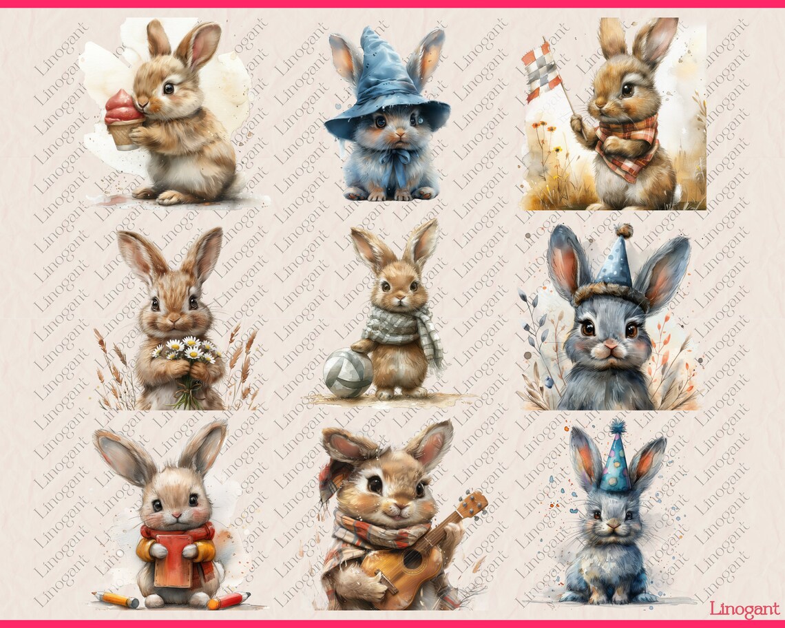 Watercolor Summer Bunny Clipart Bundle, Bunny Clip Art Set, Baby Rabbit ...