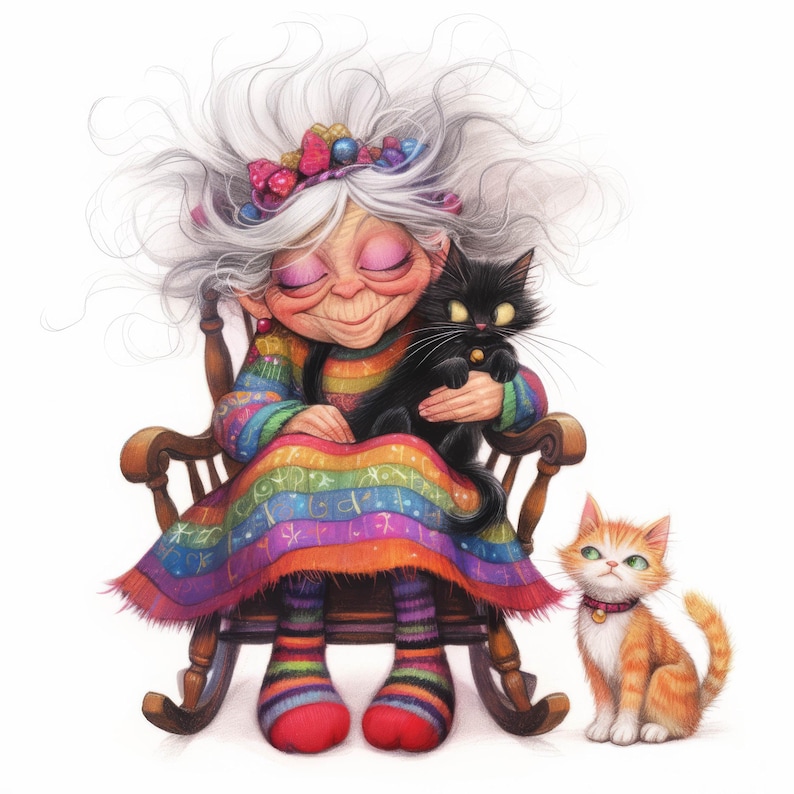 12 Quirky Old Woman and Cat on Rocking Chair Clipart Set in Watercolor ...