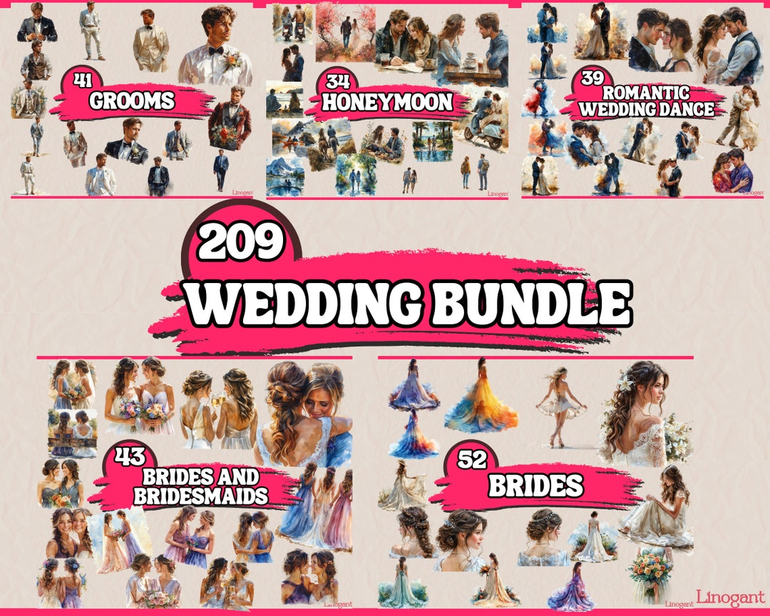 Watercolor Wedding Clipart Bundle, Bride, Bridesmaid, Groom, Honeymoon ...