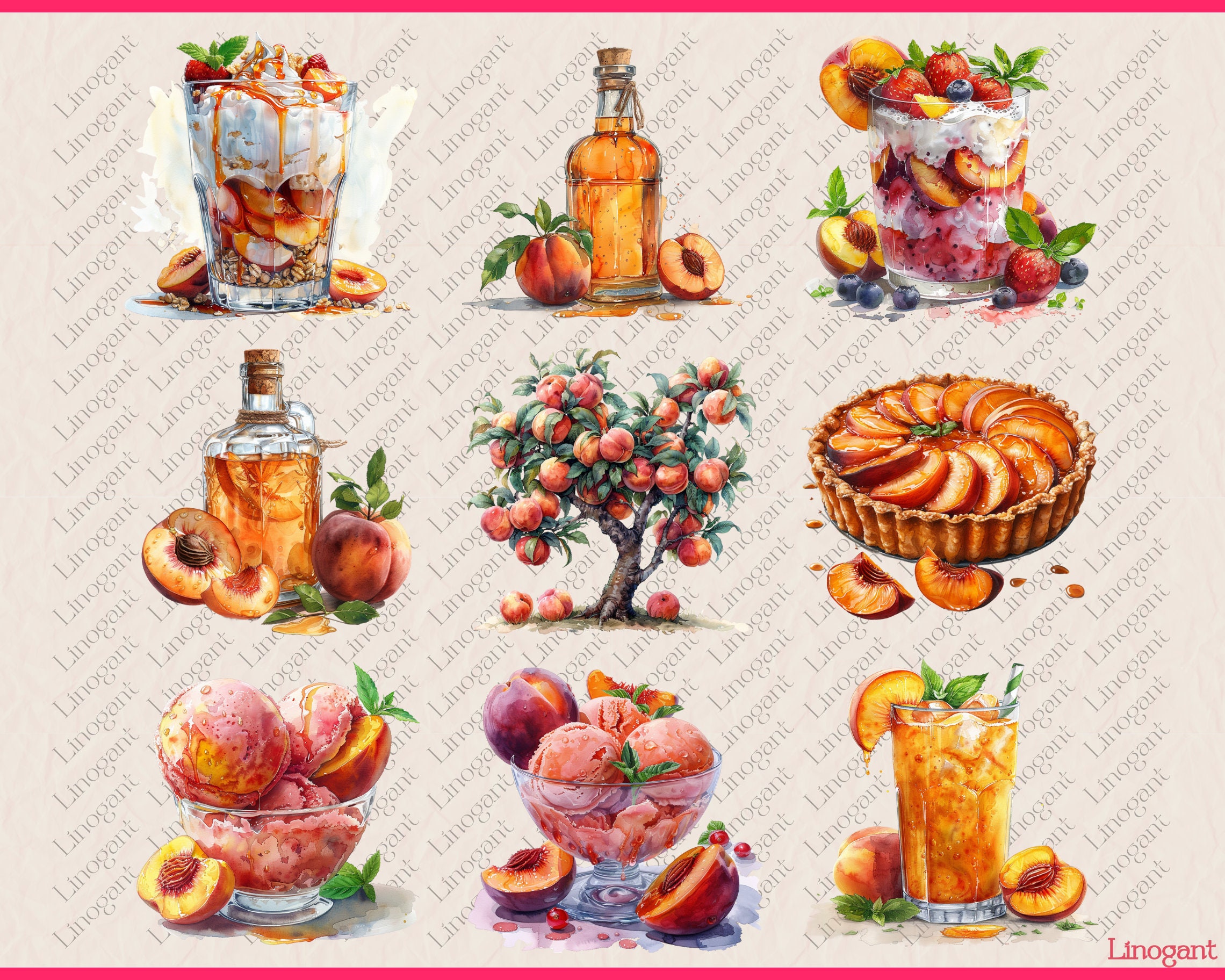 Watercolor Peach Clipart Bundle, Fruits Clip Art Set, Peach Cheese Cake ...