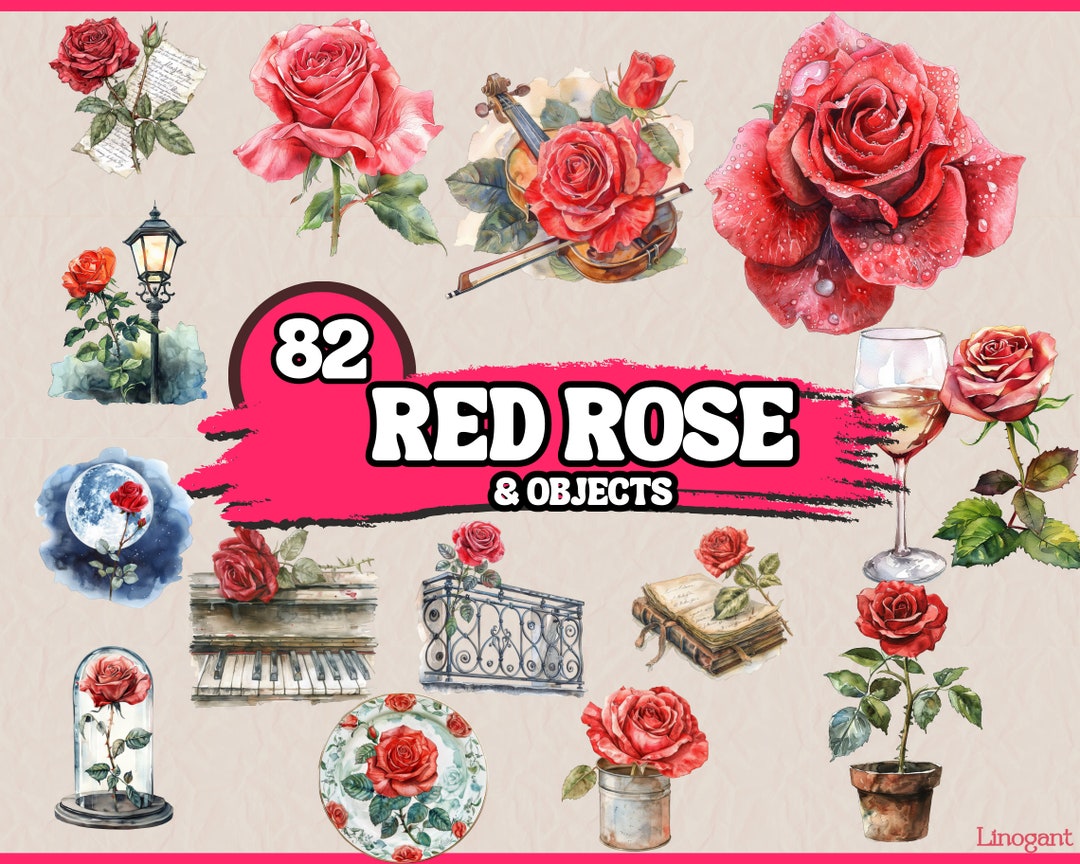 Watercolor Red Rose Objects Clipart Bundle, Floral Clip Art Set, Flower ...