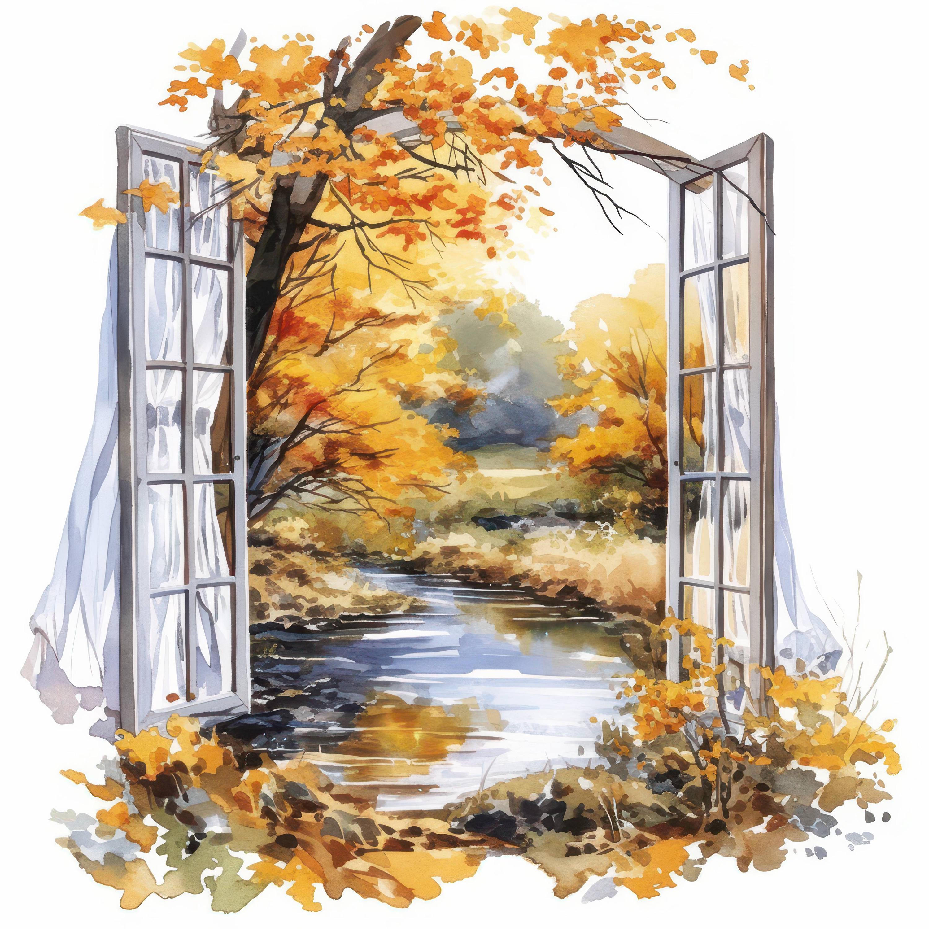 18 Window Autumn View Clipart Bundle, Cozy Fall Scenery Illustration ...