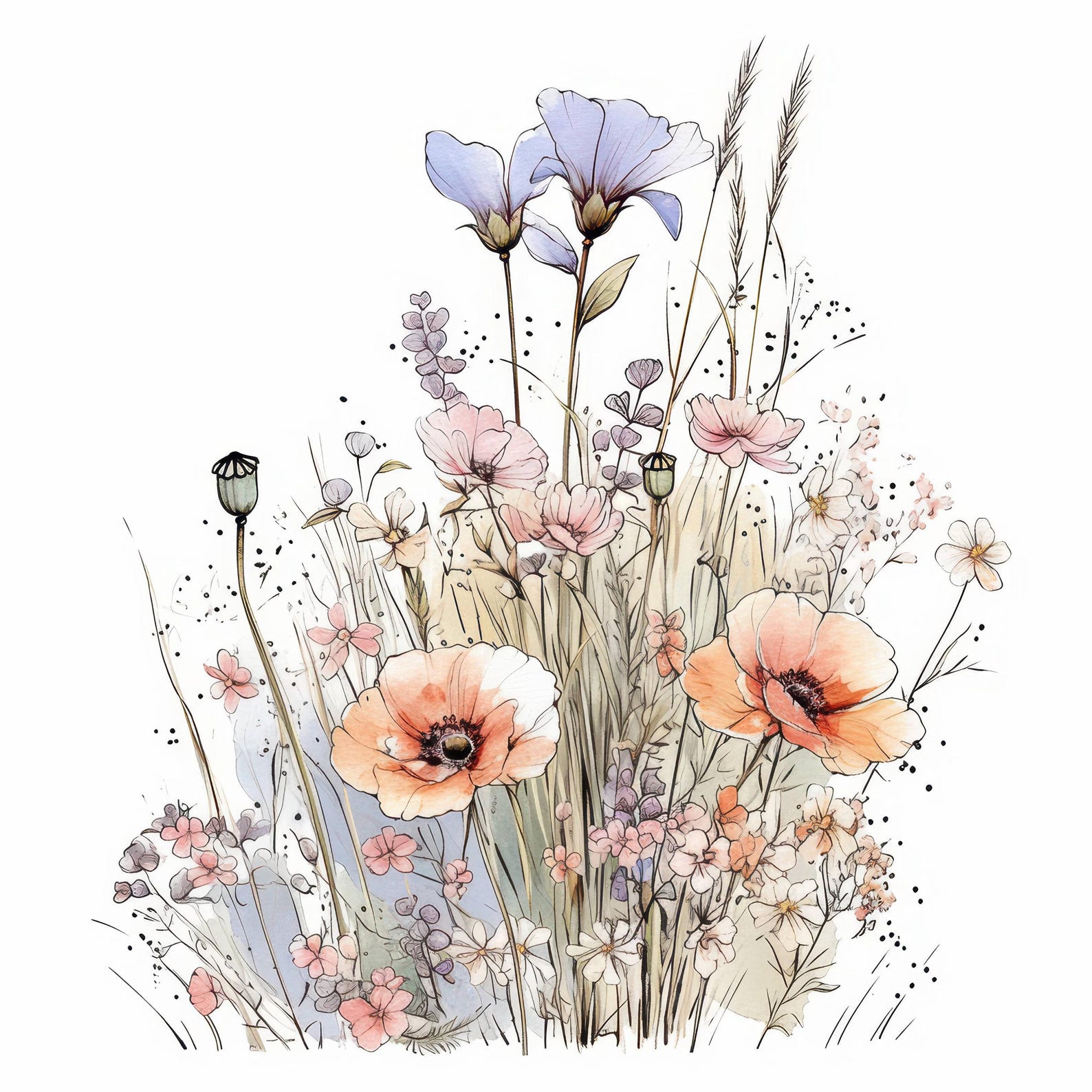 10 Ink Wildflowers Clipart Bundle, Botanical Flower Illustration ...