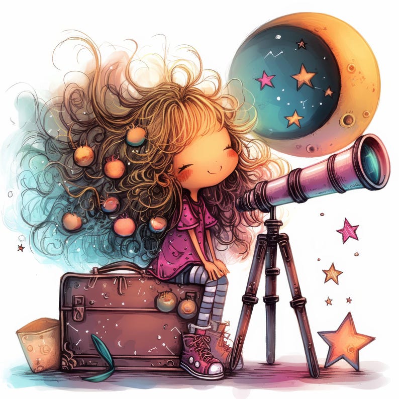 Whimsical Stargazer Girl Clip Art 10 High Res Watercolor Jpgs for Junk ...