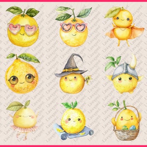 Watercolor Kawaii Lemon Clipart Bundle, Cute Fruits Clip Art Set, High ...