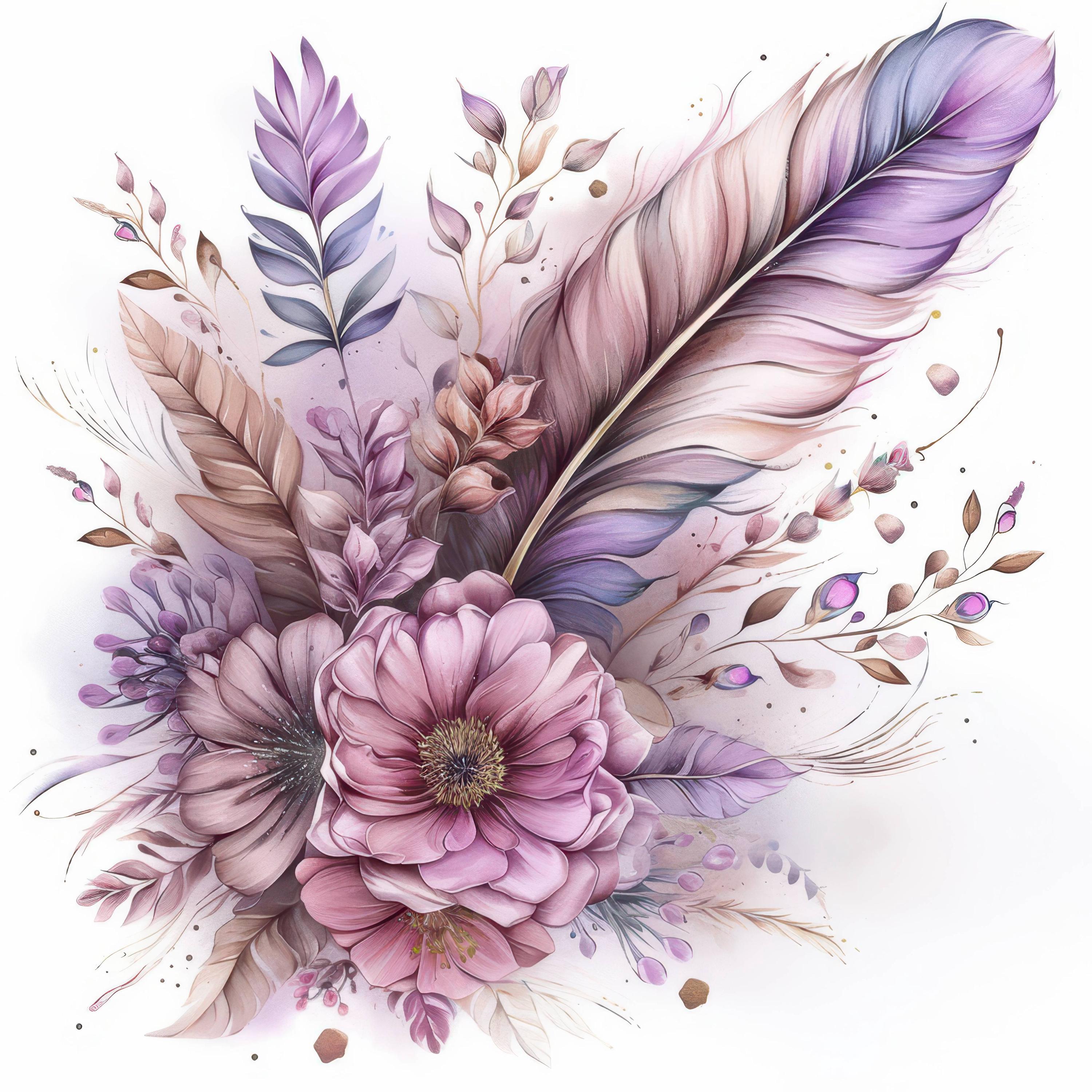 16 Floral Feather Clipart Bundle, Boho Elegance Illustration, Printable ...