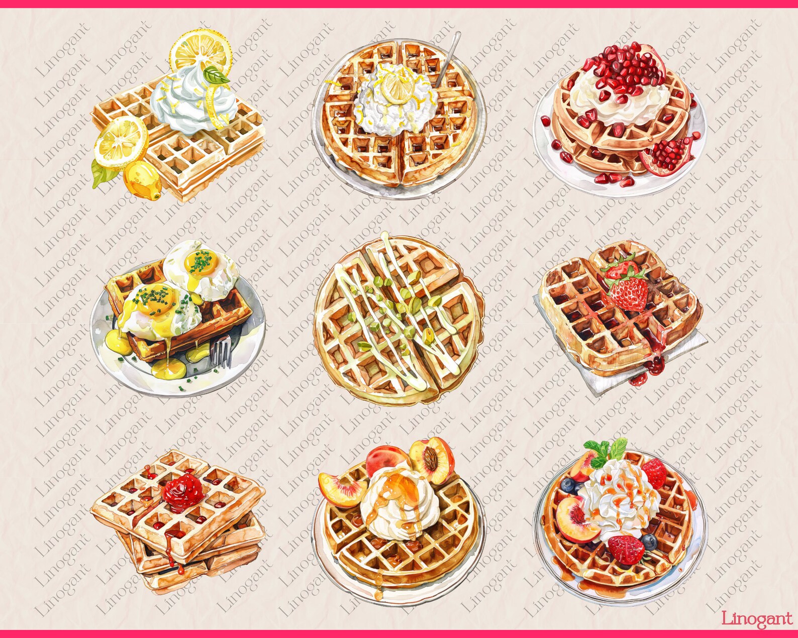 Watercolor Waffle Clipart Bundle, Food Clip Art Set, Bakery, Dessert ...