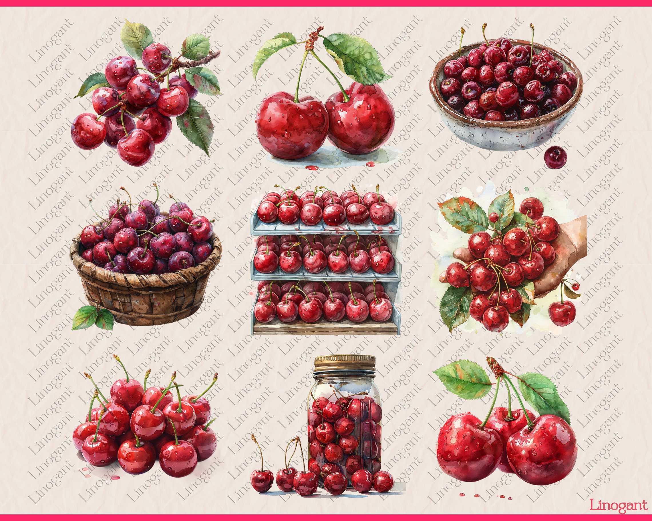 Watercolor Cherry Clipart Bundle, Fruits Clip Art Set, Cherry Cheese ...