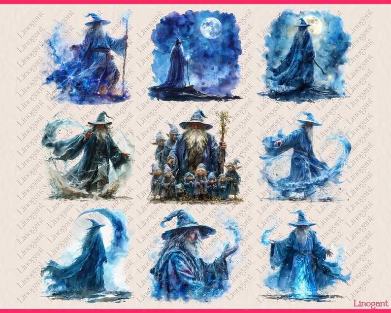 Watercolor Wizard Clipart Bundle, Elemental Magicians Clip Art Set ...