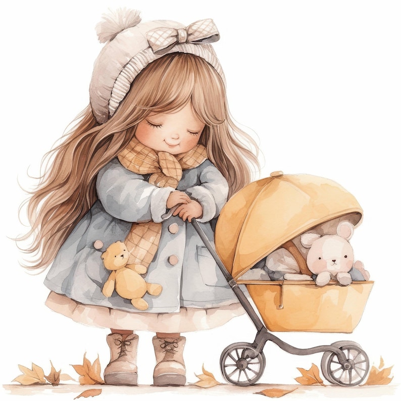 13 Girl With Doll Stroller Clipart Bundle, Cute Childhood Illustration ...