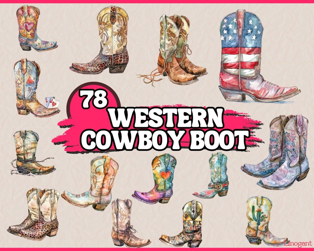 Watercolor Western Cowboy Boot Clipart Bundle, Cowgirl Shoe Clip Art ...