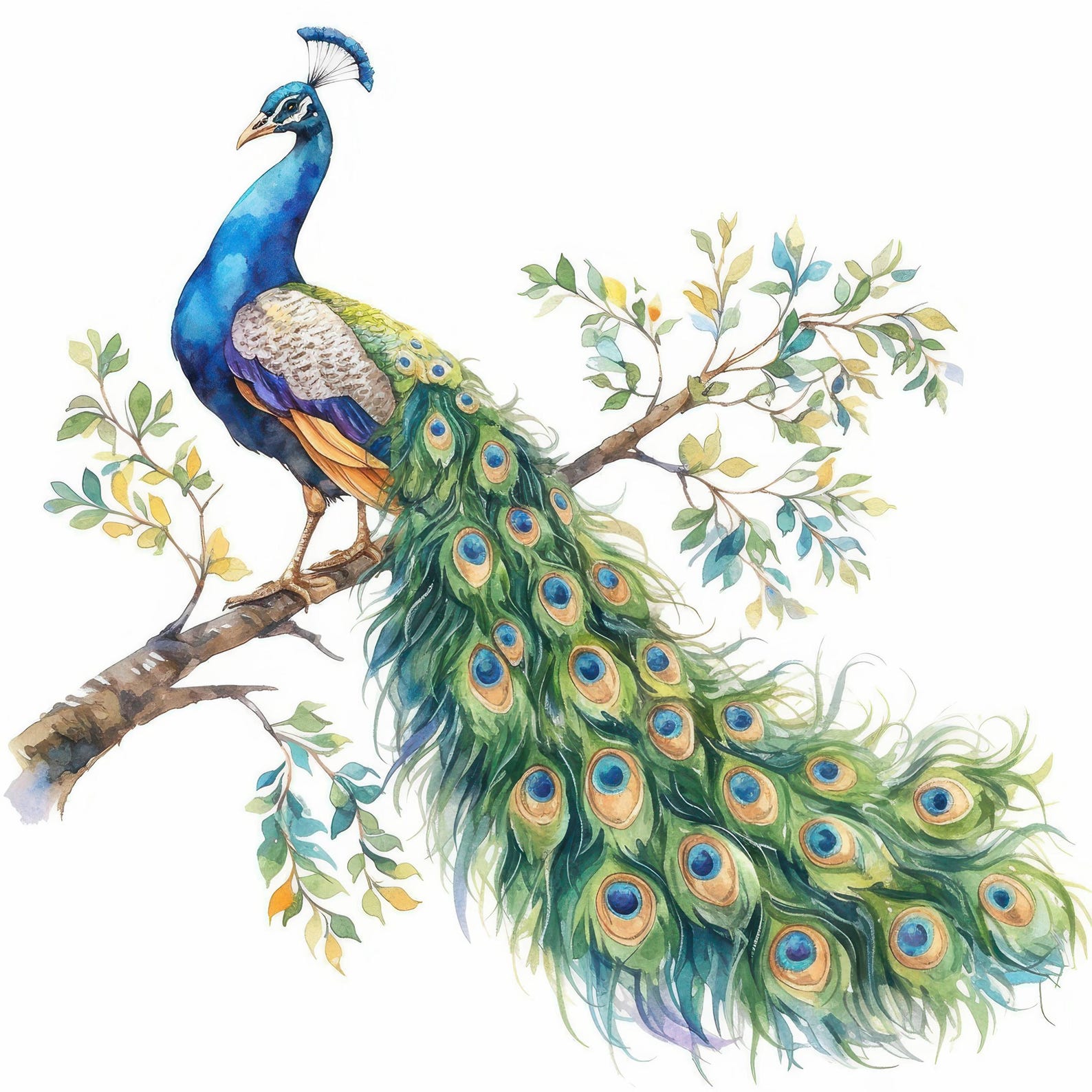 11 Majestic Peacock Watercolor Clipart, Blue and Green Feather ...