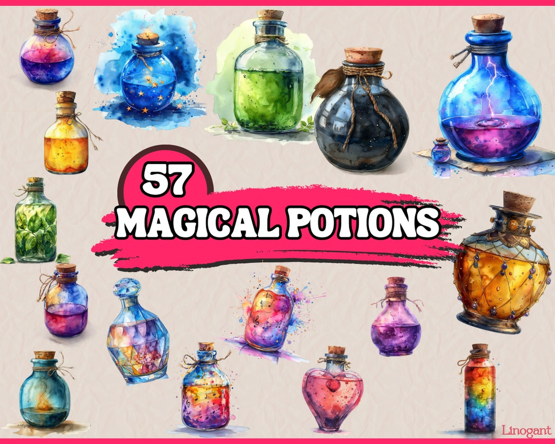 Watercolor Magical Potions Clipart Bundle, Flasks Clip Art Set, Fantasy ...