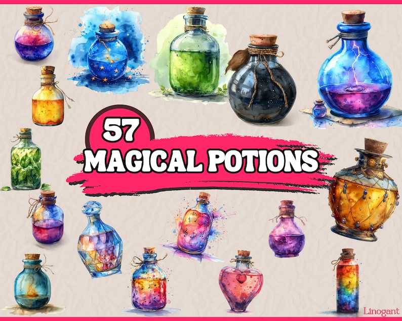 Watercolor Magical Potions Clipart Bundle, Flasks Clip Art Set, Fantasy ...