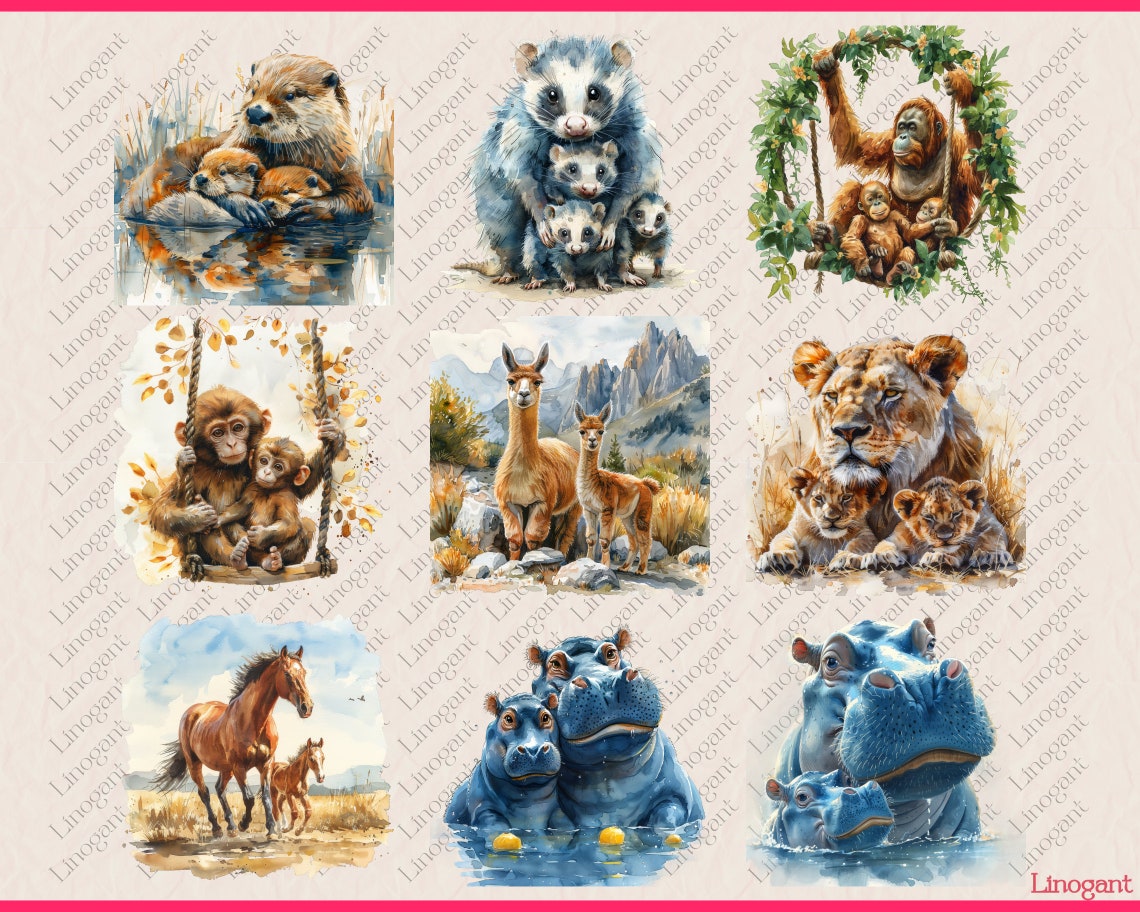 Watercolor Cute Mother and Baby Animals Clipart Bundle, Mom and Baby ...