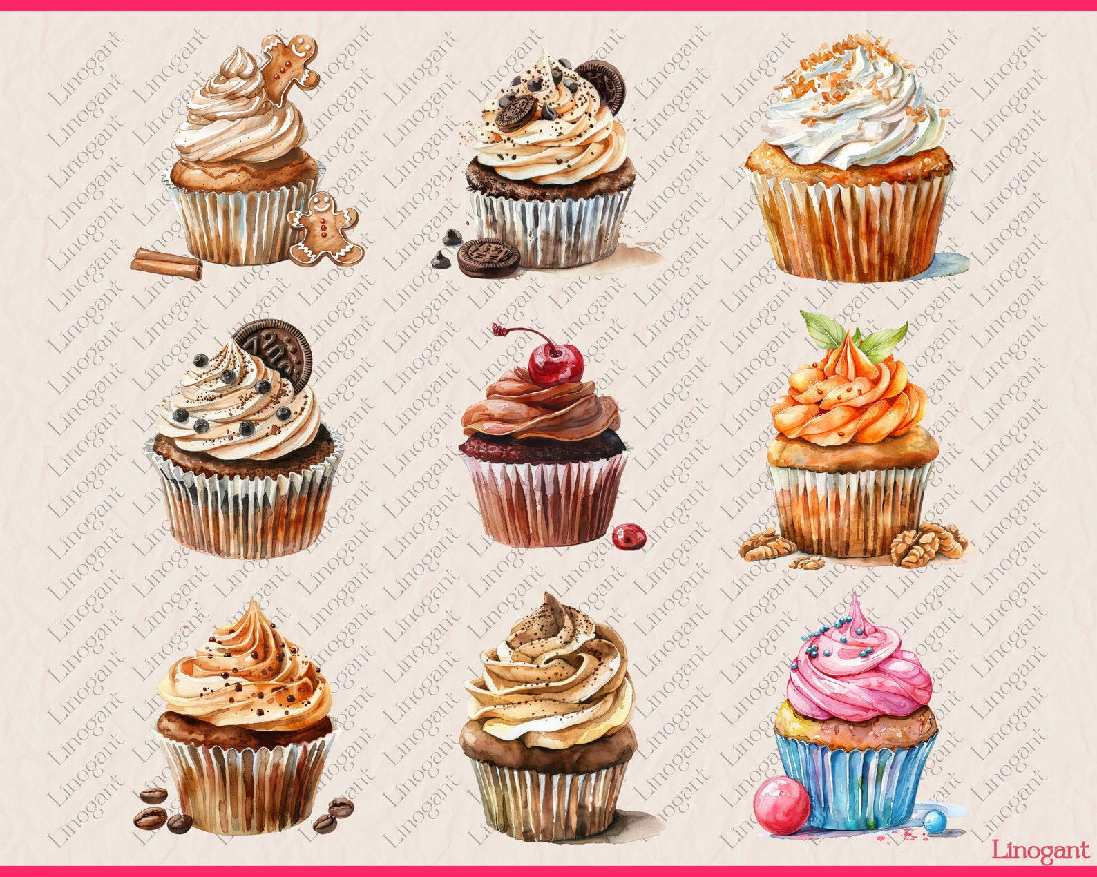 Watercolor Cupcake Clipart Bundle, Cupcakes Clip Art Set, Dessert PNG ...