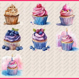 Watercolor Cupcake Clipart Bundle, Cupcakes Clip Art Set, Dessert PNG ...