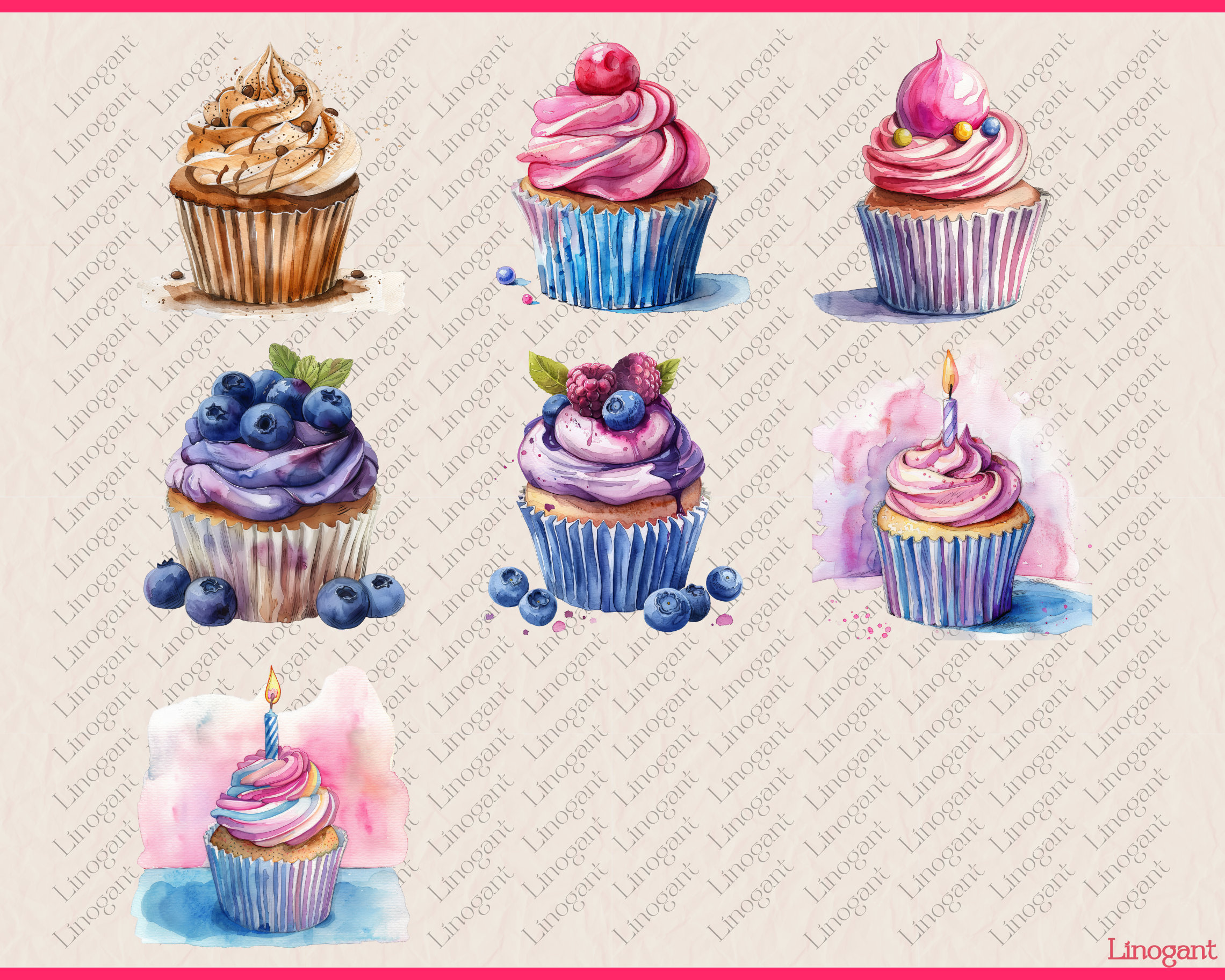 Watercolor Cupcake Clipart Bundle, Cupcakes Clip Art Set, Dessert PNG ...