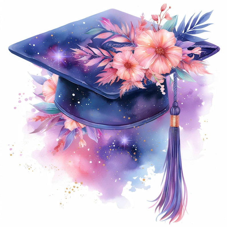 10 Galaxy Graduation Clipart Bundle, Floral Celestial Illustration ...