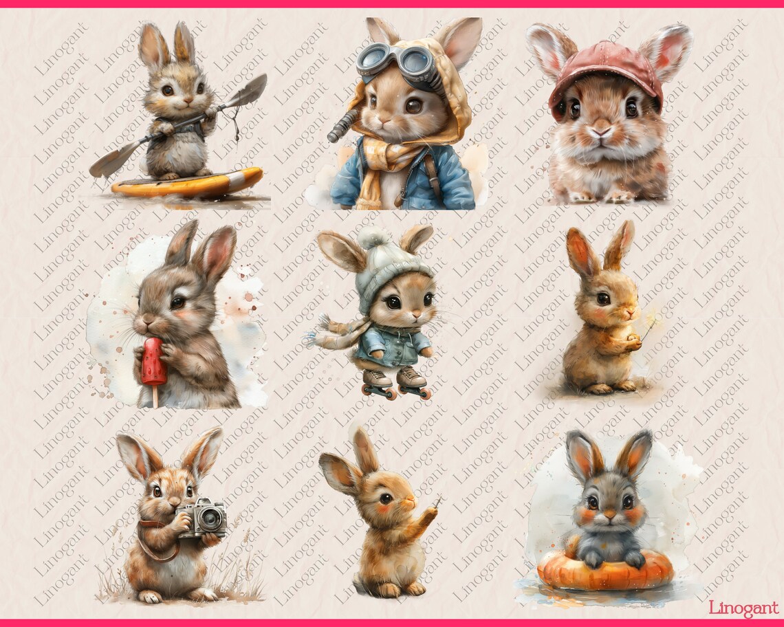 Watercolor Summer Bunny Clipart Bundle, Bunny Clip Art Set, Baby Rabbit ...
