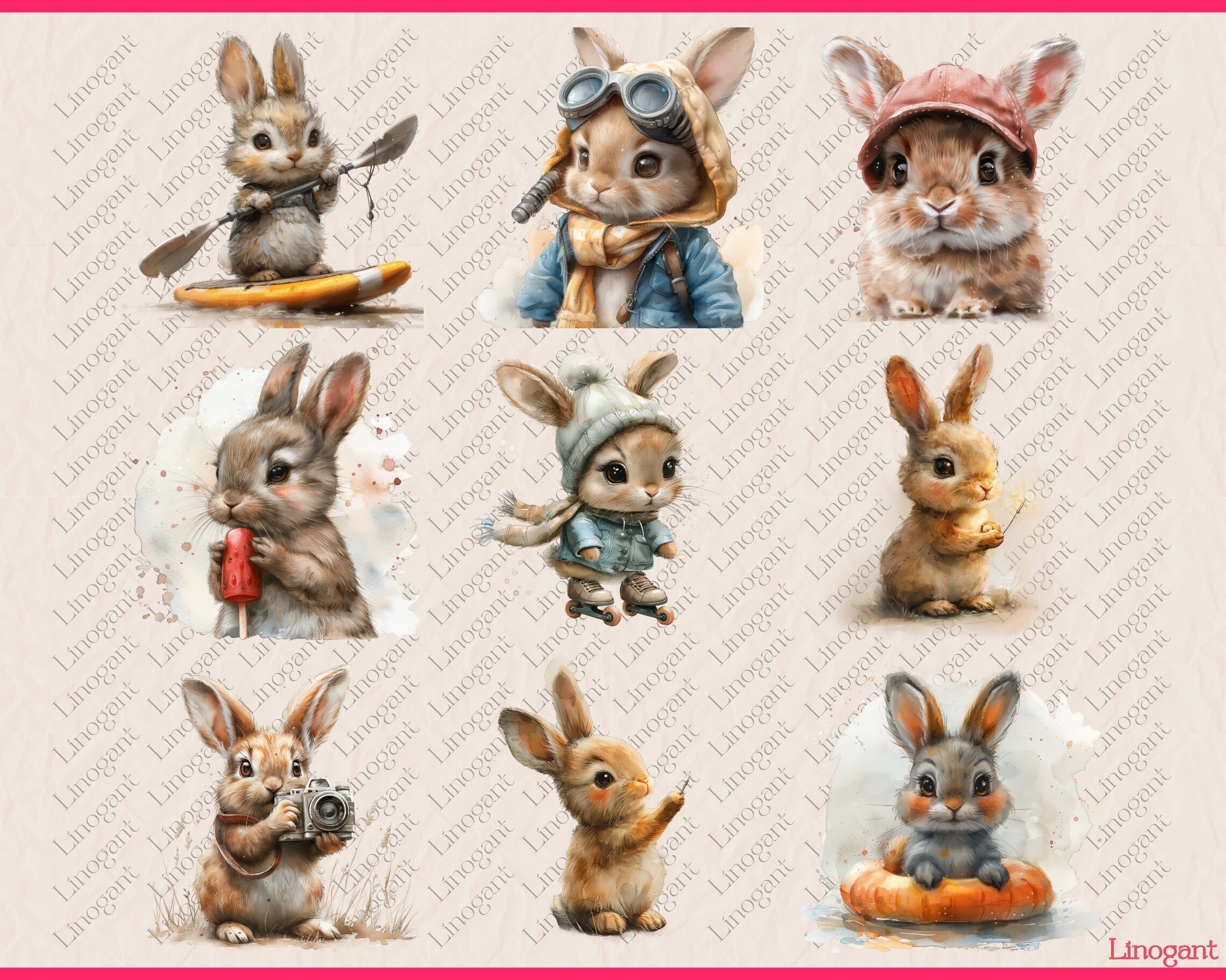 Watercolor Summer Bunny Clipart Bundle, Bunny Clip Art Set, Baby Rabbit ...