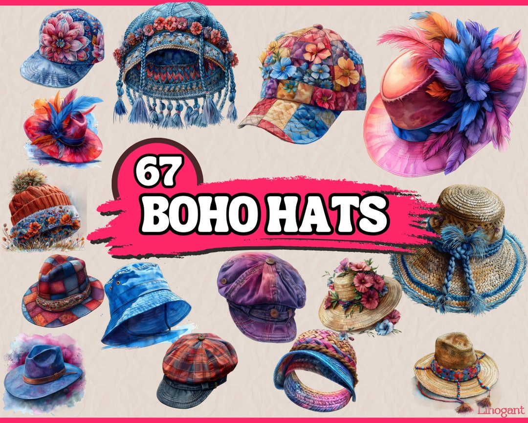 67 Hats Clipart | Boho Fashion Clipart | Printable Watercolor Clipart ...