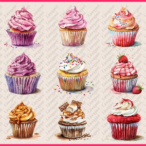 Watercolor Cupcake Clipart Bundle, Cupcakes Clip Art Set, Dessert PNG ...